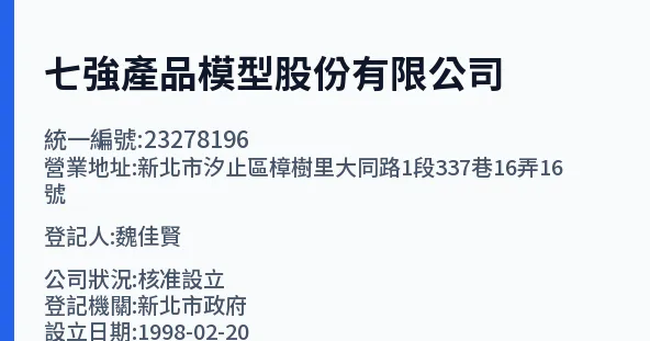 七強產品模型股份有限公司的照片-統編 23278196(新北市) 公司登記資料與營業項目詳細圖表
