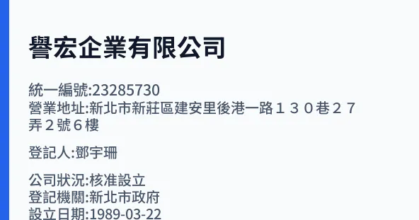 譽宏企業有限公司的照片-統編 23285730(新北市) 公司登記資料與營業項目詳細圖表