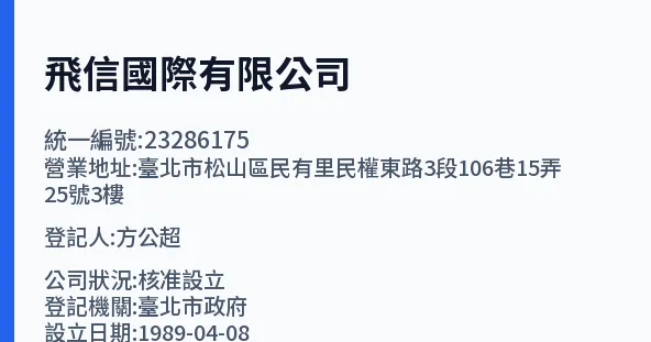 飛信國際有限公司的照片-統編 23286175(臺北市) 公司登記資料與營業項目詳細圖表