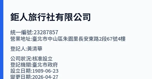 鉅人旅行社有限公司的照片-統編 23287857(臺北市) 公司登記資料與營業項目詳細圖表