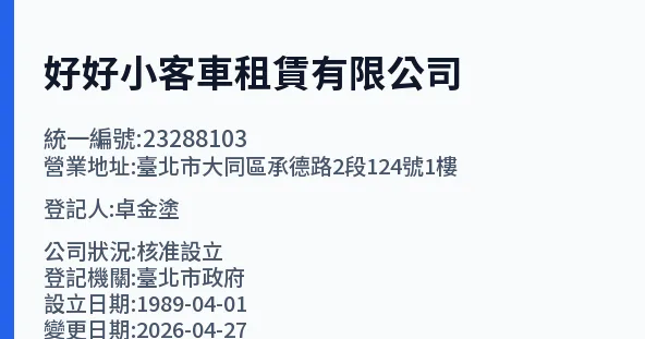 好好小客車租賃有限公司的照片-統編 23288103(臺北市) 公司登記資料與營業項目詳細圖表
