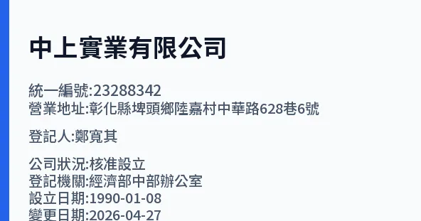 中上實業有限公司的照片-統編 23288342(彰化縣) 公司登記資料與營業項目詳細圖表