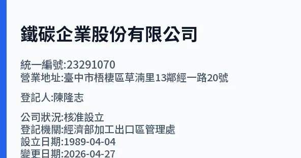 鐵碳企業股份有限公司的照片-統編 23291070(臺中市) 公司登記資料與營業項目詳細圖表