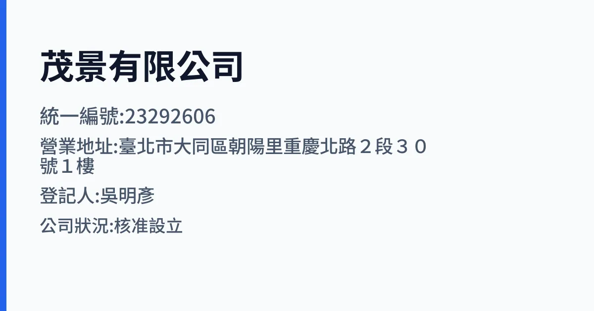 茂景有限公司 - 統編 23292606(臺北市) 公司登記資料與營業項目詳細圖表