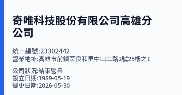 奇唯科技股份有限公司高雄分公司的照片-統編 23302442(高雄市) 公司登記資料與營業項目詳細圖表