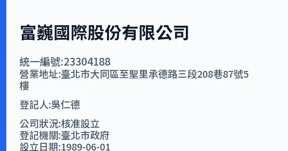 富巍國際股份有限公司的照片-統編 23304188(臺北市) 公司登記資料與營業項目詳細圖表