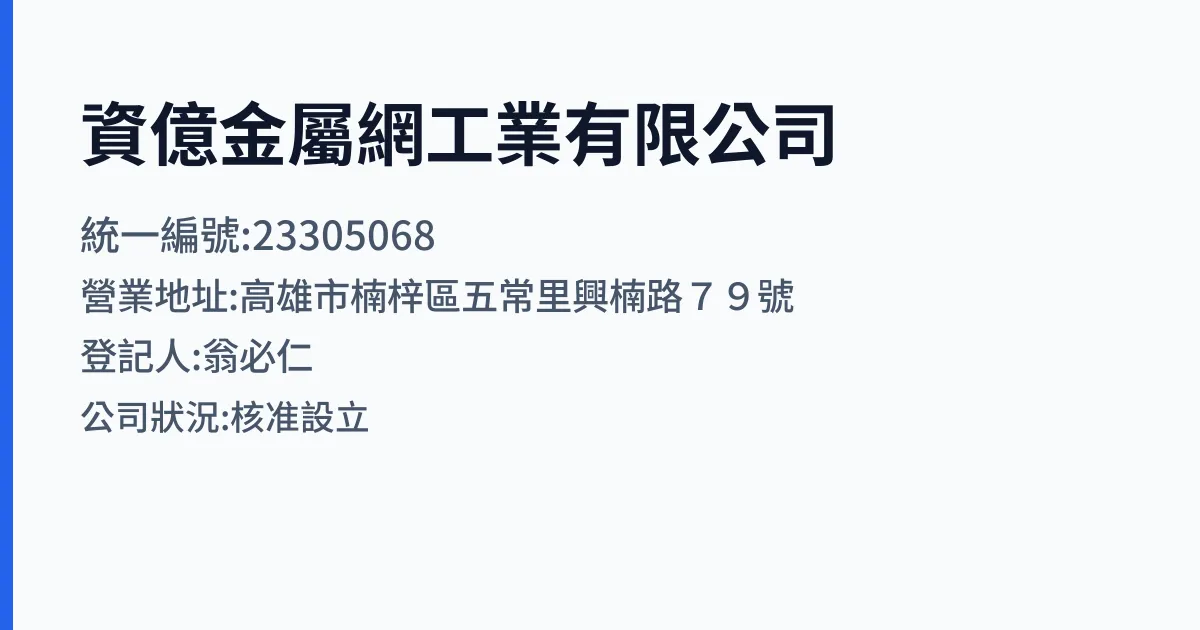 資億金屬網工業有限公司 - 統編 23305068(高雄市) 公司登記資料與營業項目詳細圖表