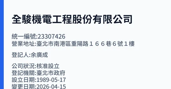 全駿機電工程股份有限公司的照片-統編 23307426(臺北市) 公司登記資料與營業項目詳細圖表