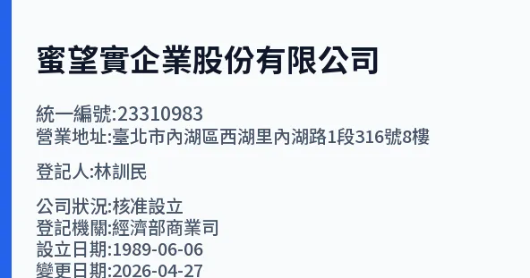 蜜望實企業股份有限公司的照片-統編 23310983(臺北市) 公司登記資料與營業項目詳細圖表