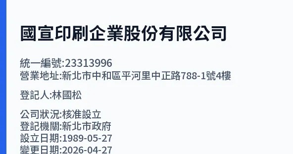 國宣印刷企業股份有限公司的照片-統編 23313996(新北市) 公司登記資料與營業項目詳細圖表