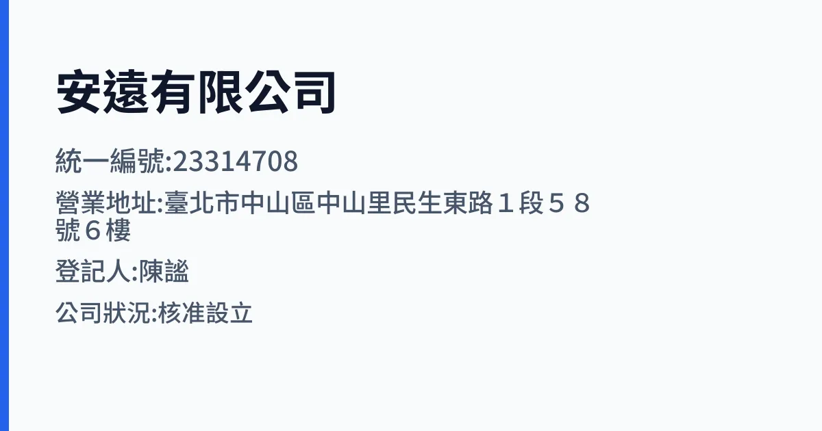 安遠有限公司 - 統編 23314708(臺北市) 公司登記資料與營業項目詳細圖表