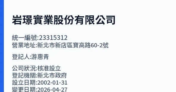 岩璟實業股份有限公司的照片-統編 23315312(新北市) 公司登記資料與營業項目詳細圖表