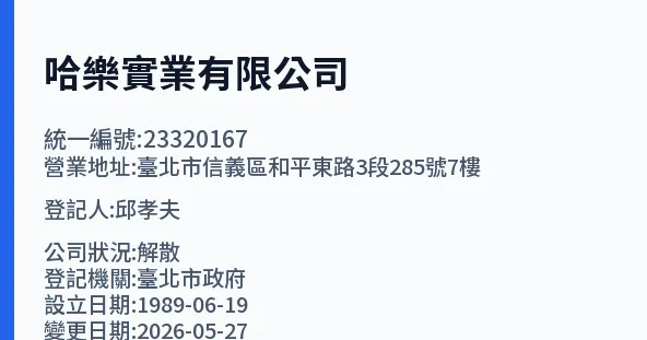 哈樂實業有限公司的照片-統編 23320167(臺北市) 公司登記資料與營業項目詳細圖表