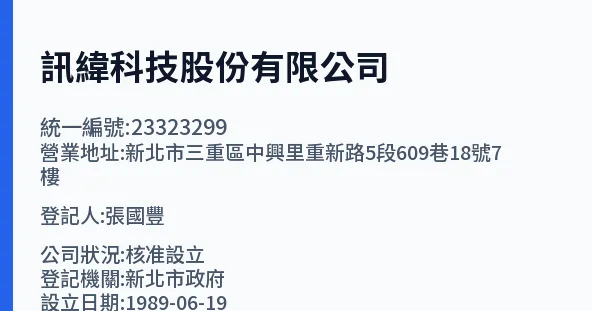 訊緯科技股份有限公司的照片-統編 23323299(新北市) 公司登記資料與營業項目詳細圖表