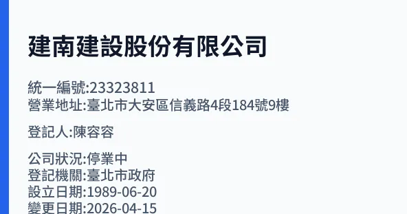 建南建設股份有限公司的照片-統編 23323811(臺北市) 公司登記資料與營業項目詳細圖表