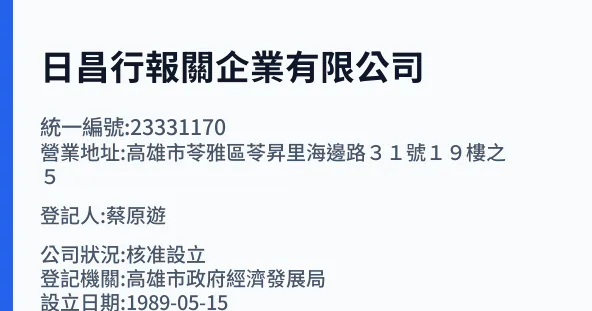日昌行報關企業有限公司的照片-統編 23331170(高雄市) 公司登記資料與營業項目詳細圖表