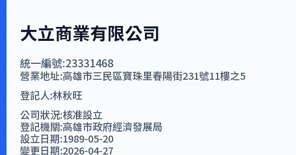 大立商業有限公司的照片-統編 23331468(高雄市) 公司登記資料與營業項目詳細圖表
