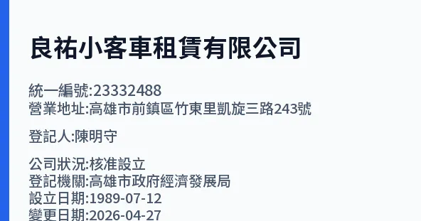 良祐小客車租賃有限公司的照片-統編 23332488(高雄市) 公司登記資料與營業項目詳細圖表