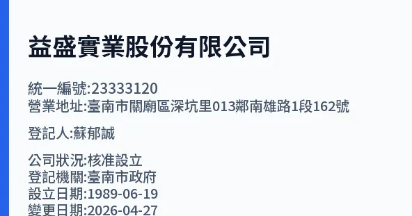 益盛實業股份有限公司的照片-統編 23333120(臺南市) 公司登記資料與營業項目詳細圖表