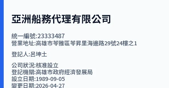 亞洲船務代理有限公司的照片-統編 23333487(高雄市) 公司登記資料與營業項目詳細圖表