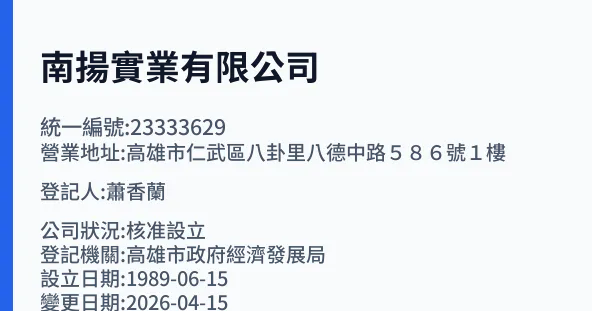 南揚實業有限公司的照片-統編 23333629(高雄市) 公司登記資料與營業項目詳細圖表