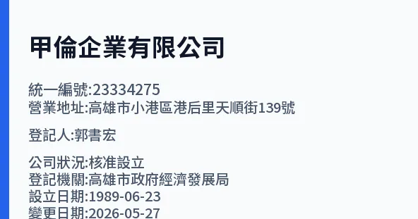 甲倫企業有限公司的照片-統編 23334275(高雄市) 公司登記資料與營業項目詳細圖表