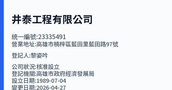 井泰工程有限公司的照片-統編 23335491(高雄市) 公司登記資料與營業項目詳細圖表