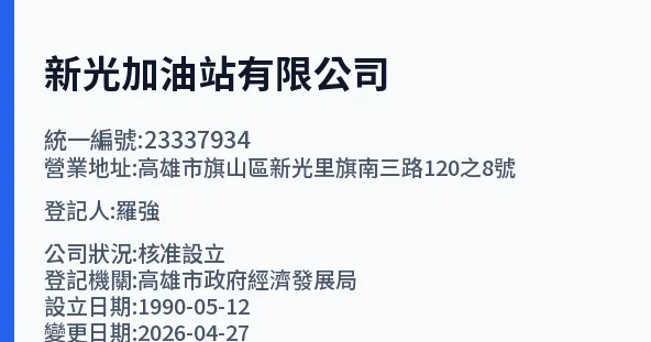 新光加油站有限公司的照片-統編 23337934(高雄市) 公司登記資料與營業項目詳細圖表