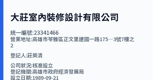 大莊室內裝修設計有限公司的照片-統編 23341466(高雄市) 公司登記資料與營業項目詳細圖表