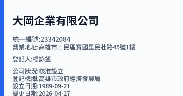 大岡企業有限公司的照片-統編 23342084(高雄市) 公司登記資料與營業項目詳細圖表