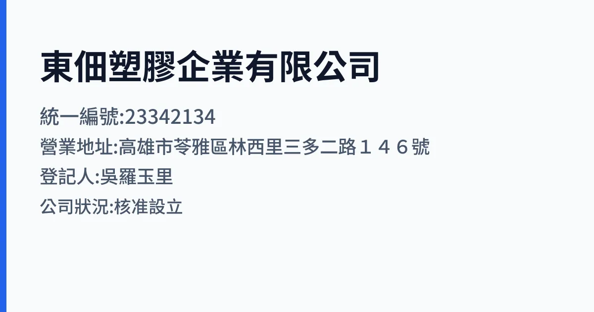 東佃塑膠企業有限公司 - 統編 23342134(高雄市) 公司登記資料與營業項目詳細圖表