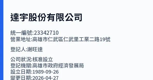 達宇股份有限公司的照片-統編 23342710(高雄市) 公司登記資料與營業項目詳細圖表