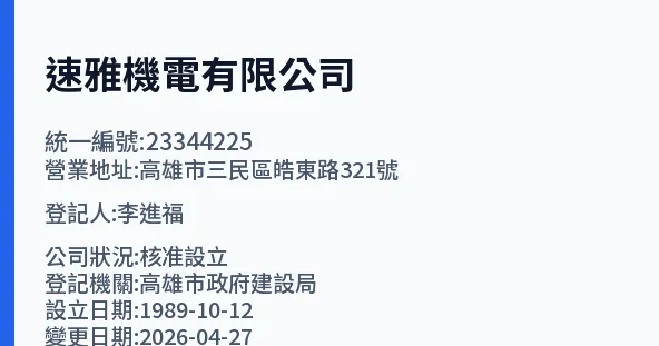 速雅機電有限公司的照片-統編 23344225(高雄市) 公司登記資料與營業項目詳細圖表
