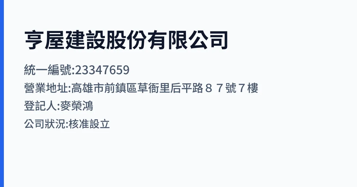 亨屋建設股份有限公司 - 統編 23347659（高雄市） 公司登記資料與營業項目詳細圖表