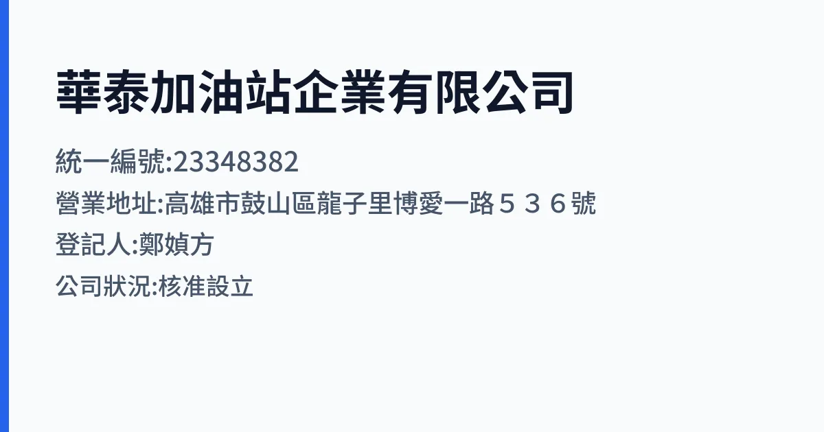 華泰加油站企業有限公司 - 統編 23348382(高雄市) 公司登記資料與營業項目詳細圖表