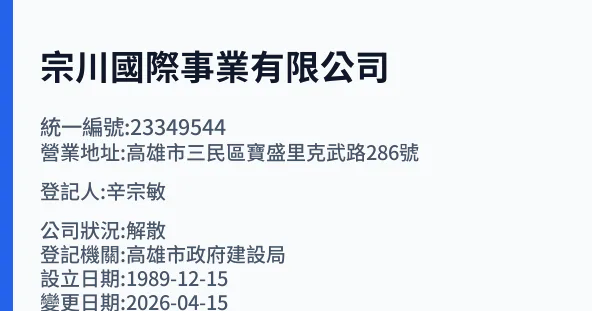 宗川國際事業有限公司的照片-統編 23349544(高雄市) 公司登記資料與營業項目詳細圖表
