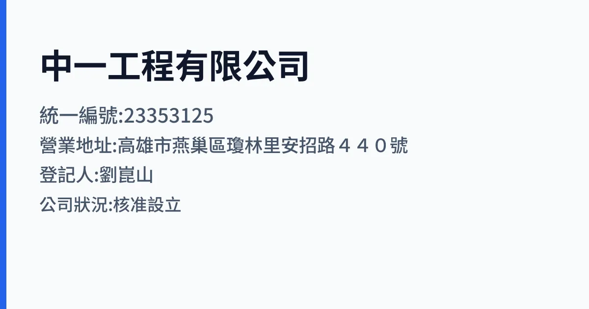 中一工程有限公司 - 統編 23353125(高雄市) 公司登記資料與營業項目詳細圖表