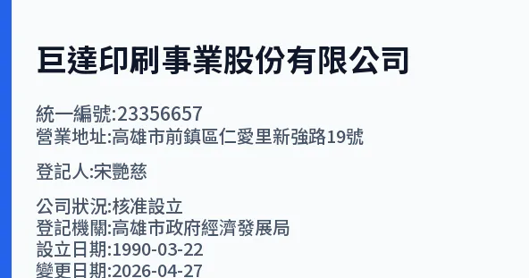 巨達印刷事業股份有限公司的照片-統編 23356657(高雄市) 公司登記資料與營業項目詳細圖表