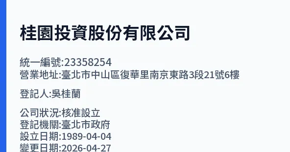 桂園投資股份有限公司的照片-統編 23358254(臺北市) 公司登記資料與營業項目詳細圖表