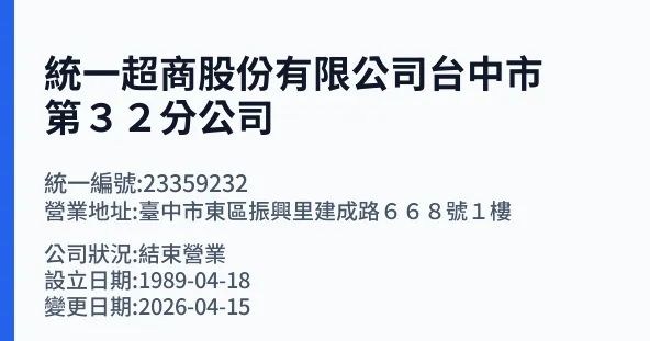 統一超商股份有限公司台中市第３２分公司的照片-統編 23359232(臺中市) 公司登記資料與營業項目詳細圖表