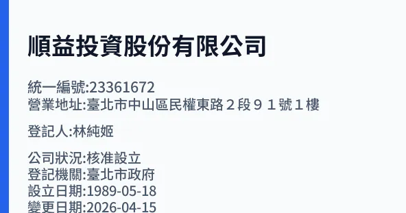 順益投資股份有限公司 - 統編 23361672(臺北市) 公司登記資料與營業項目詳細圖表