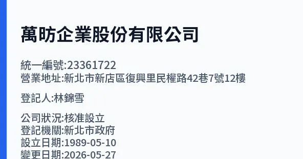 萬昉企業股份有限公司的照片-統編 23361722(新北市) 公司登記資料與營業項目詳細圖表