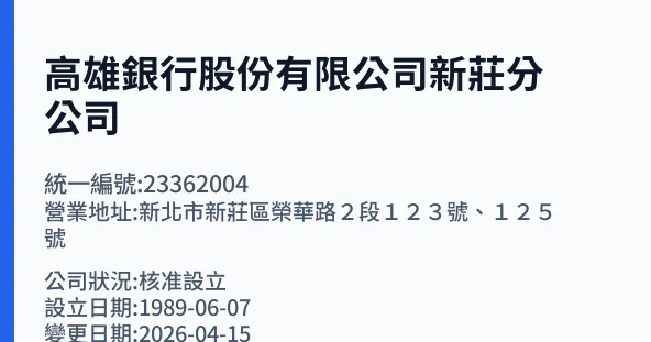 高雄銀行股份有限公司新莊分公司的照片-統編 23362004(臺中市) 公司登記資料與營業項目詳細圖表