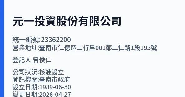 元一投資股份有限公司的照片-統編 23362200(臺南市) 公司登記資料與營業項目詳細圖表