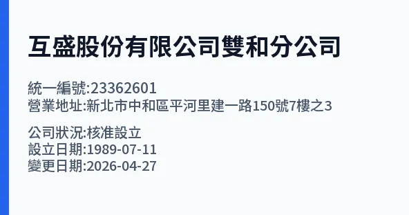 互盛股份有限公司雙和分公司的照片-統編 23362601(新北市) 公司登記資料與營業項目詳細圖表