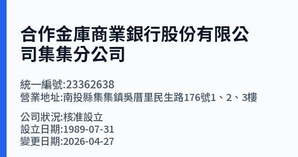 合作金庫商業銀行股份有限公司集集分公司的照片-統編 23362638(南投縣) 公司登記資料與營業項目詳細圖表