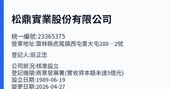 松鼎實業股份有限公司的照片-統編 23365375(雲林縣) 公司登記資料與營業項目詳細圖表