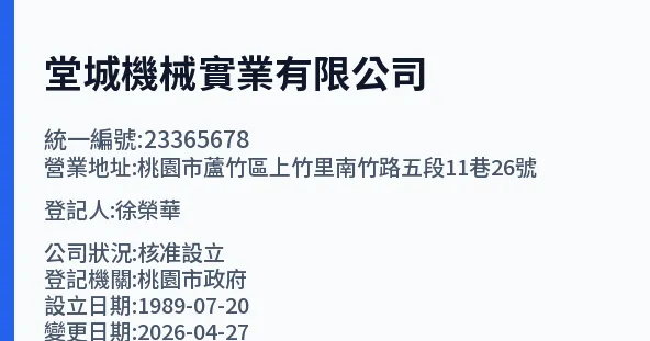 堂城機械實業有限公司的照片-統編 23365678(桃園市) 公司登記資料與營業項目詳細圖表