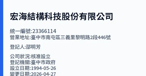 宏海結構科技股份有限公司的照片-統編 23366114(臺中市) 公司登記資料與營業項目詳細圖表