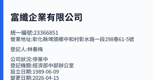 富纖企業有限公司的照片-統編 23366851(彰化縣) 公司登記資料與營業項目詳細圖表